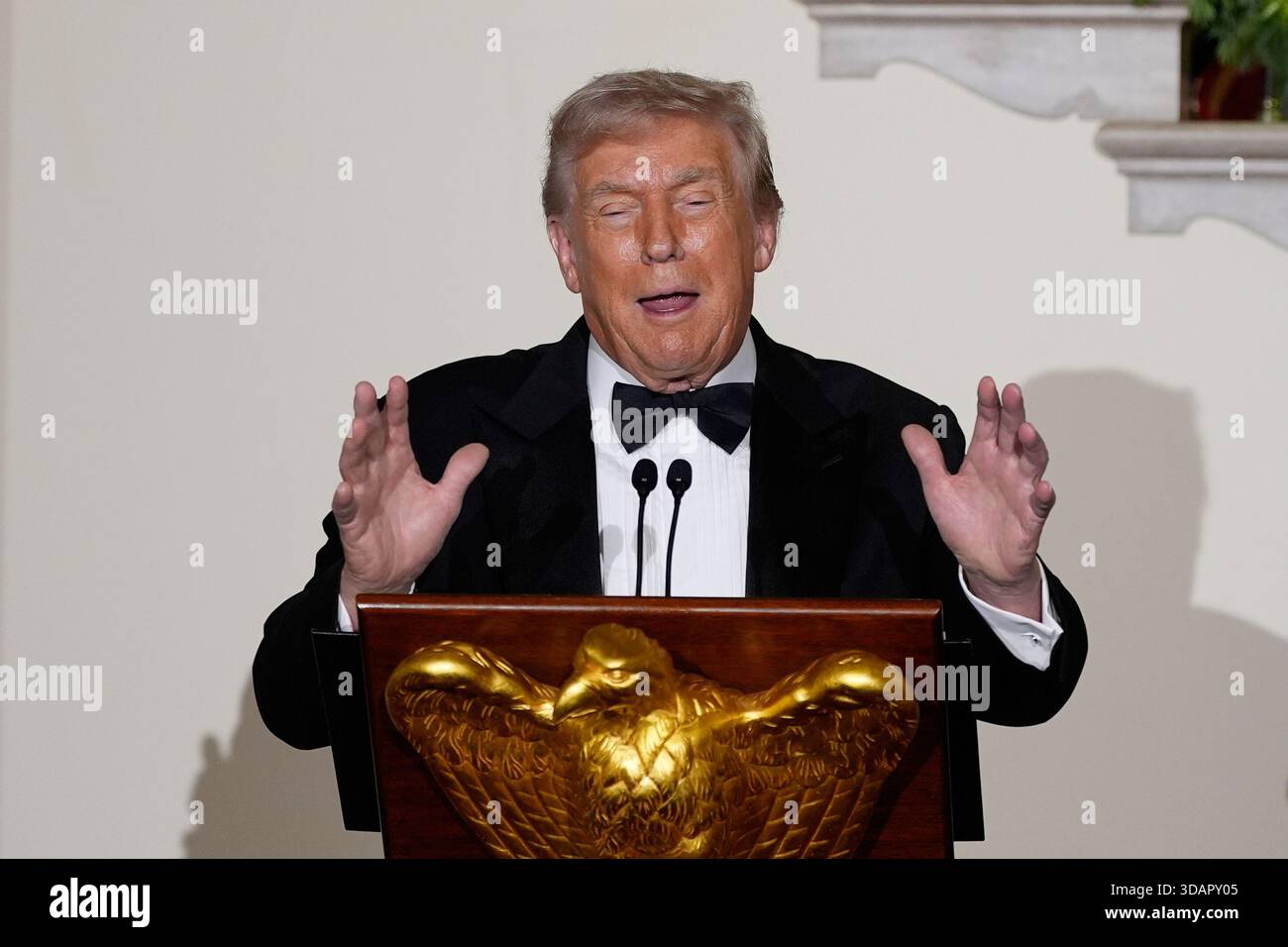 President Donald Trump speaks in the Grand Foyer of the White House ...