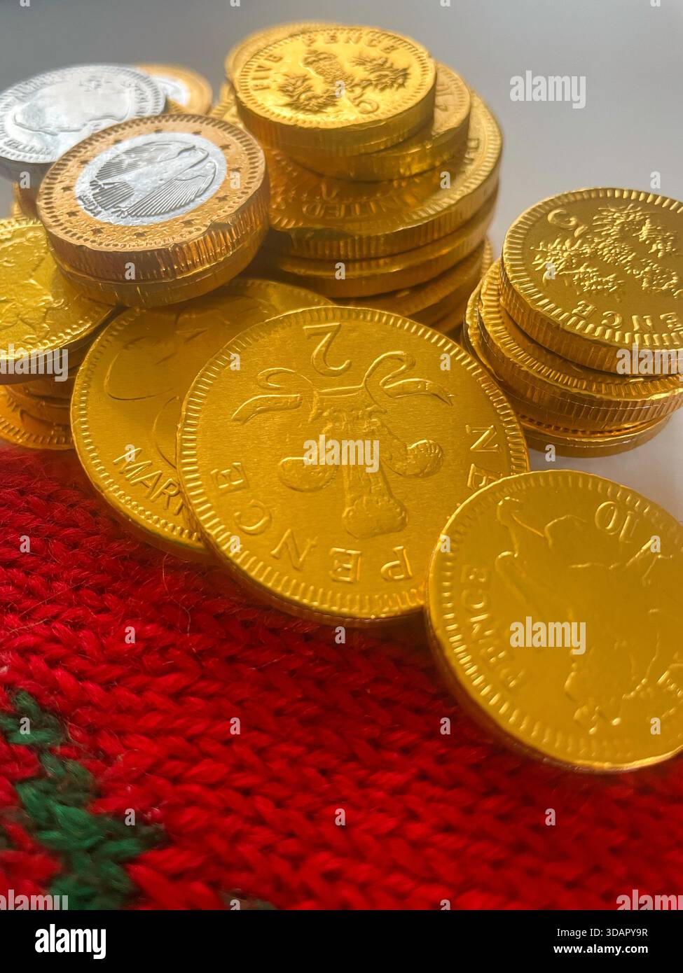 Still Life of Chocolate Foil Wrapped Coins of the World at the Holidays ...