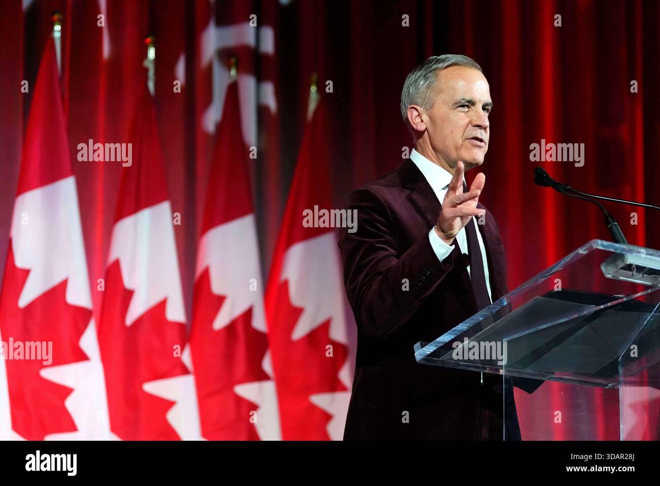 Canadian Prime Minister Mark Carney delivers remarks at the Liberal ...