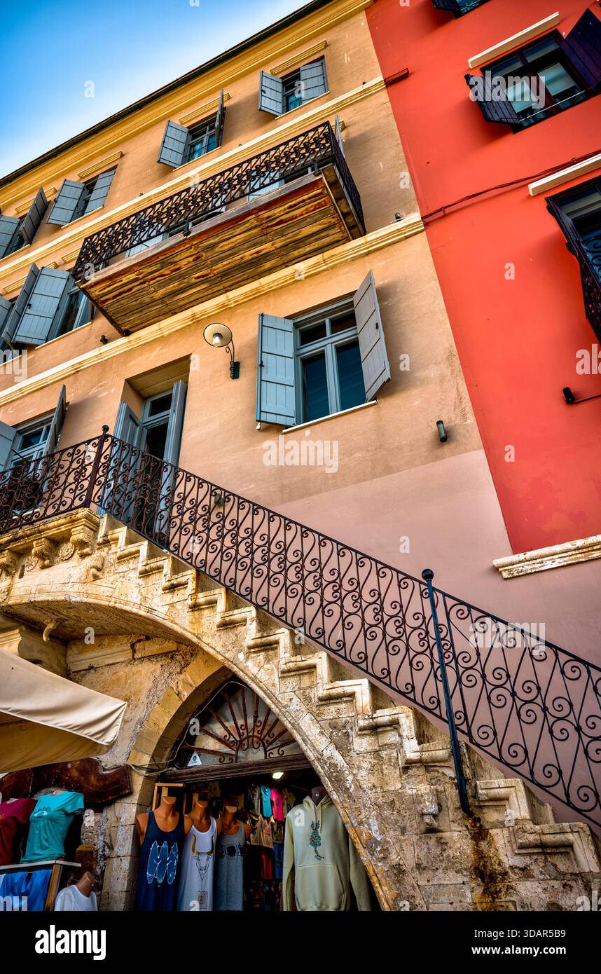 Neoclassical buildings on a narrow street in Chania Old Town, Crete ...