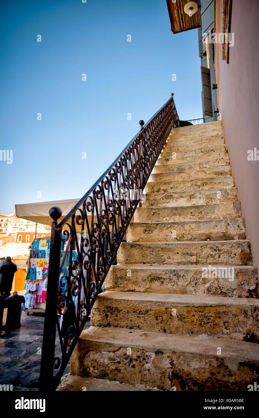Neoclassical buildings on a narrow street in Chania Old Town, Crete ...