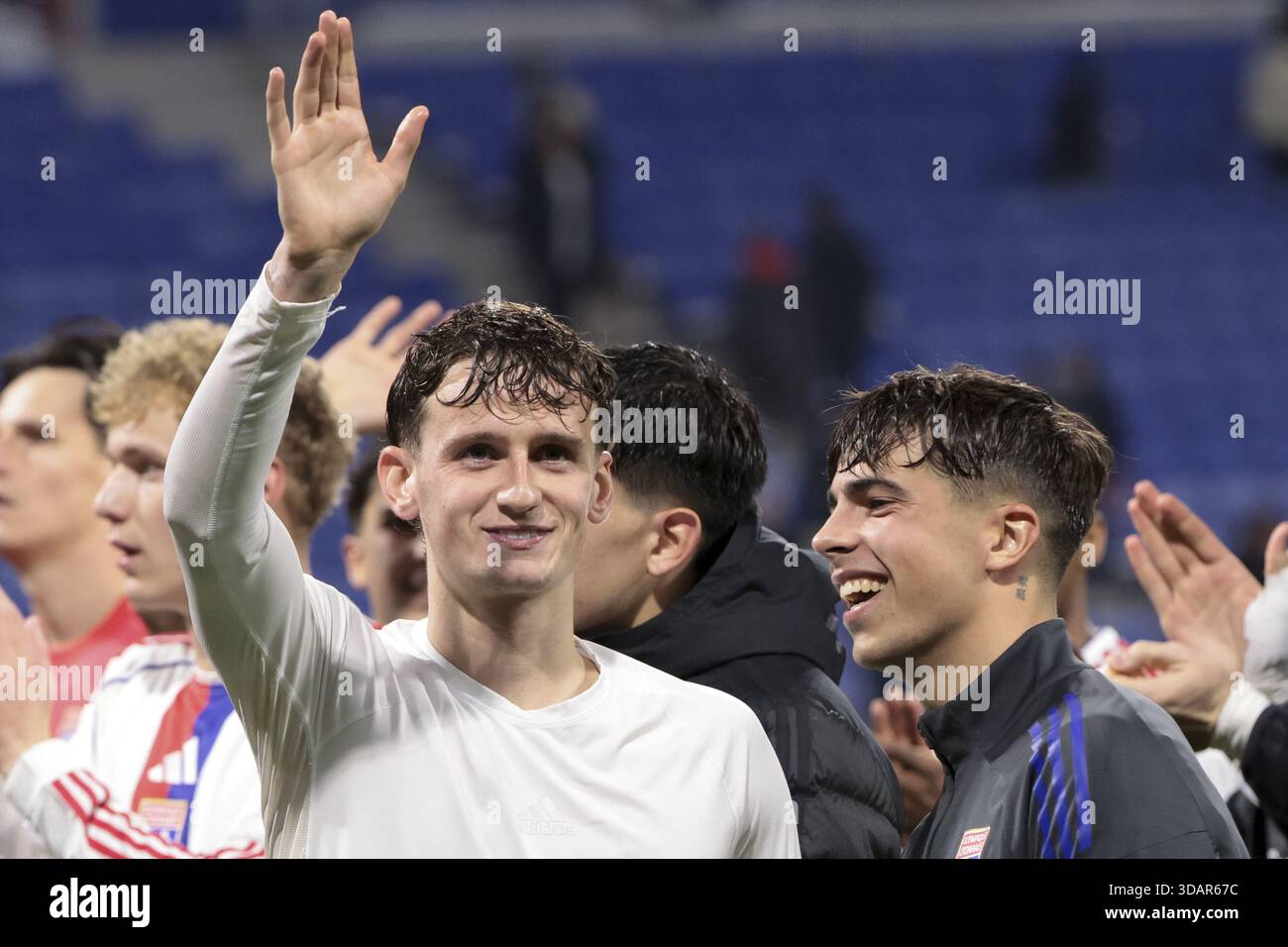 Tyler Morton, Afonso Moreira of Lyon celebrate the victory following ...