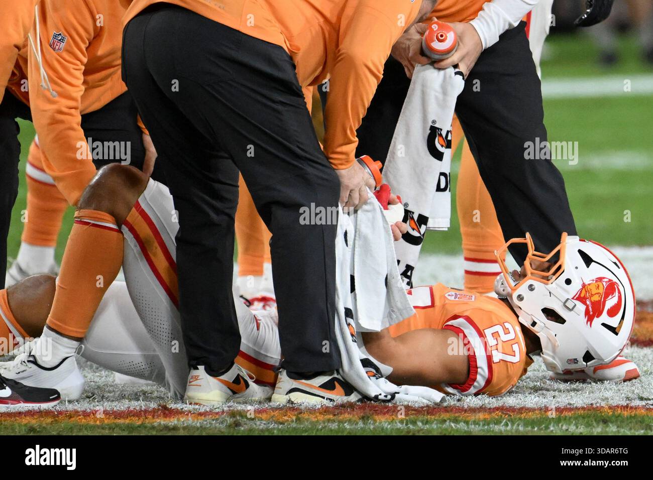 Tampa Bay Buccaneers cornerback Zyon McCollum (27) lies injured against ...