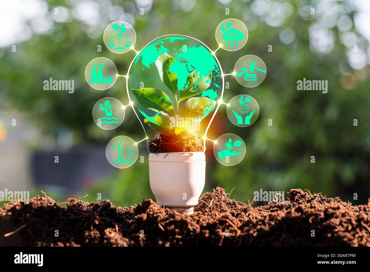 A light bulb with a growing plant and ESG environmental icons ...
