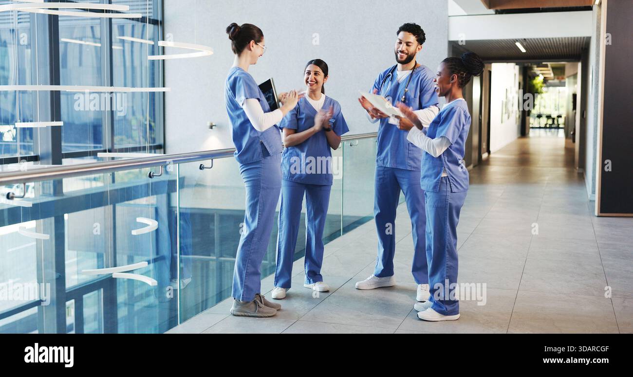 Smile, people and doctors applause in hospital for celebration, surgery ...