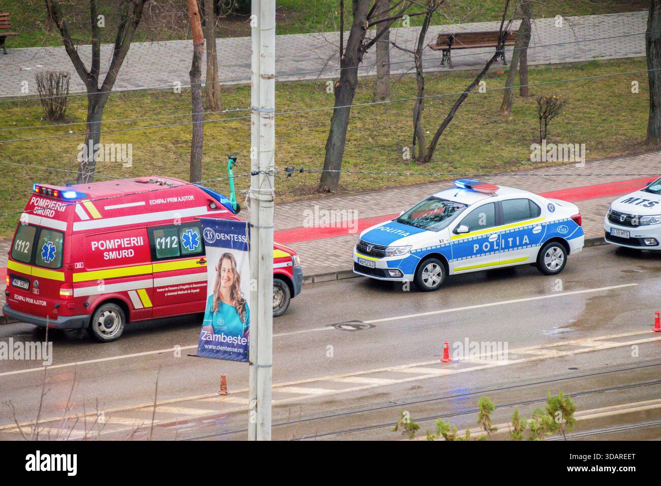 A police car (Politia) and a SMURD ambulance ,Romanian authorities for ...