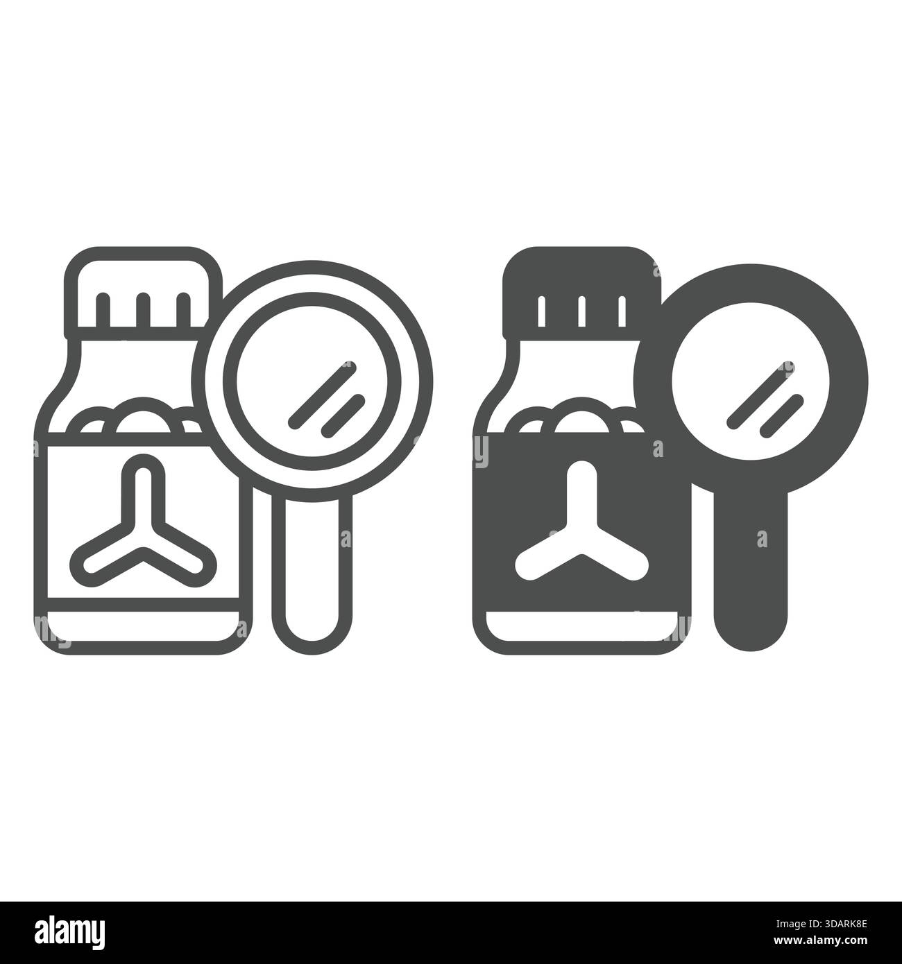 Vial bottle with magnifier line and solid icon, clinical research ...