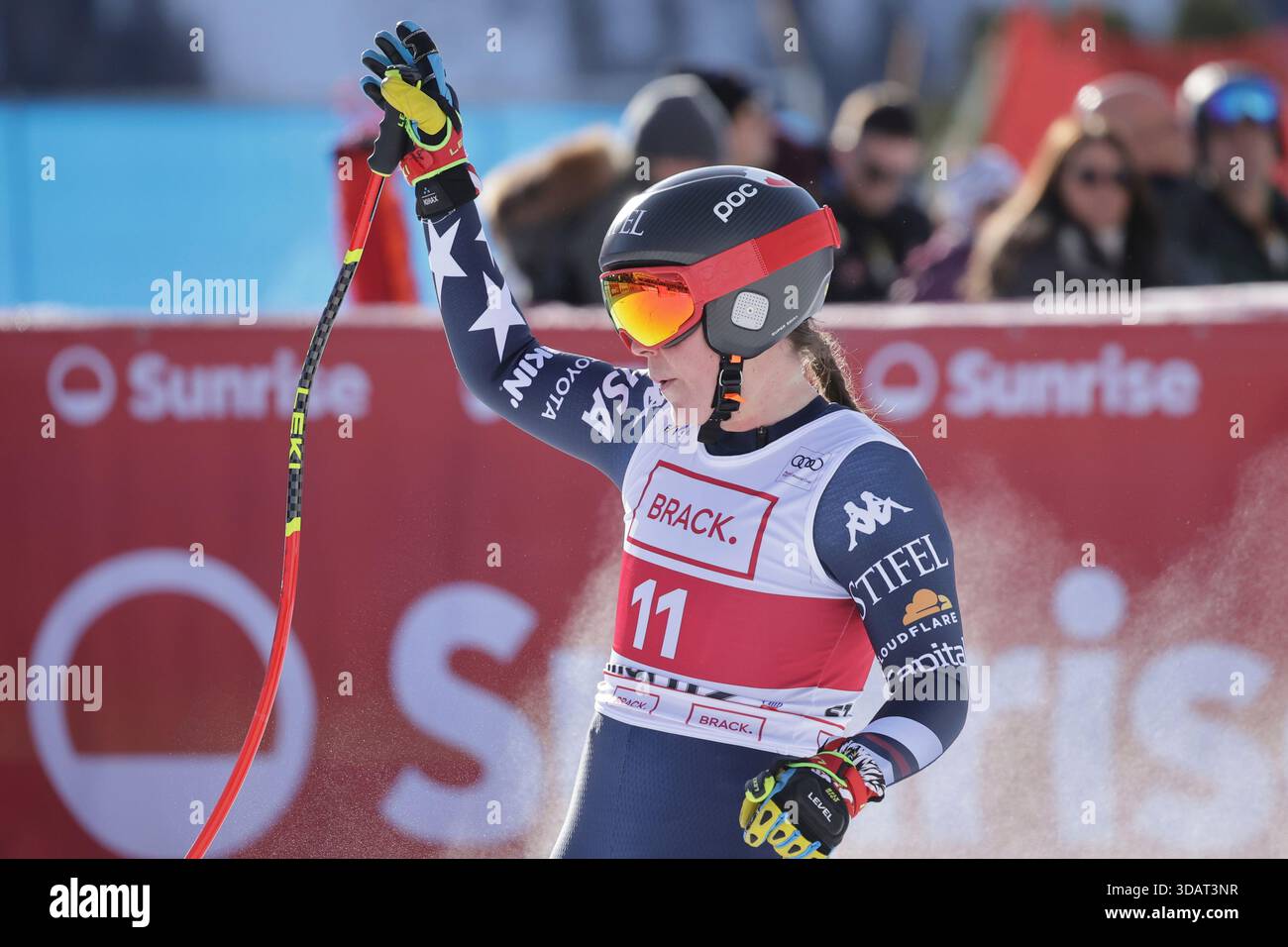 United States' Breezy Johnson celebrates at the finish area of an ...