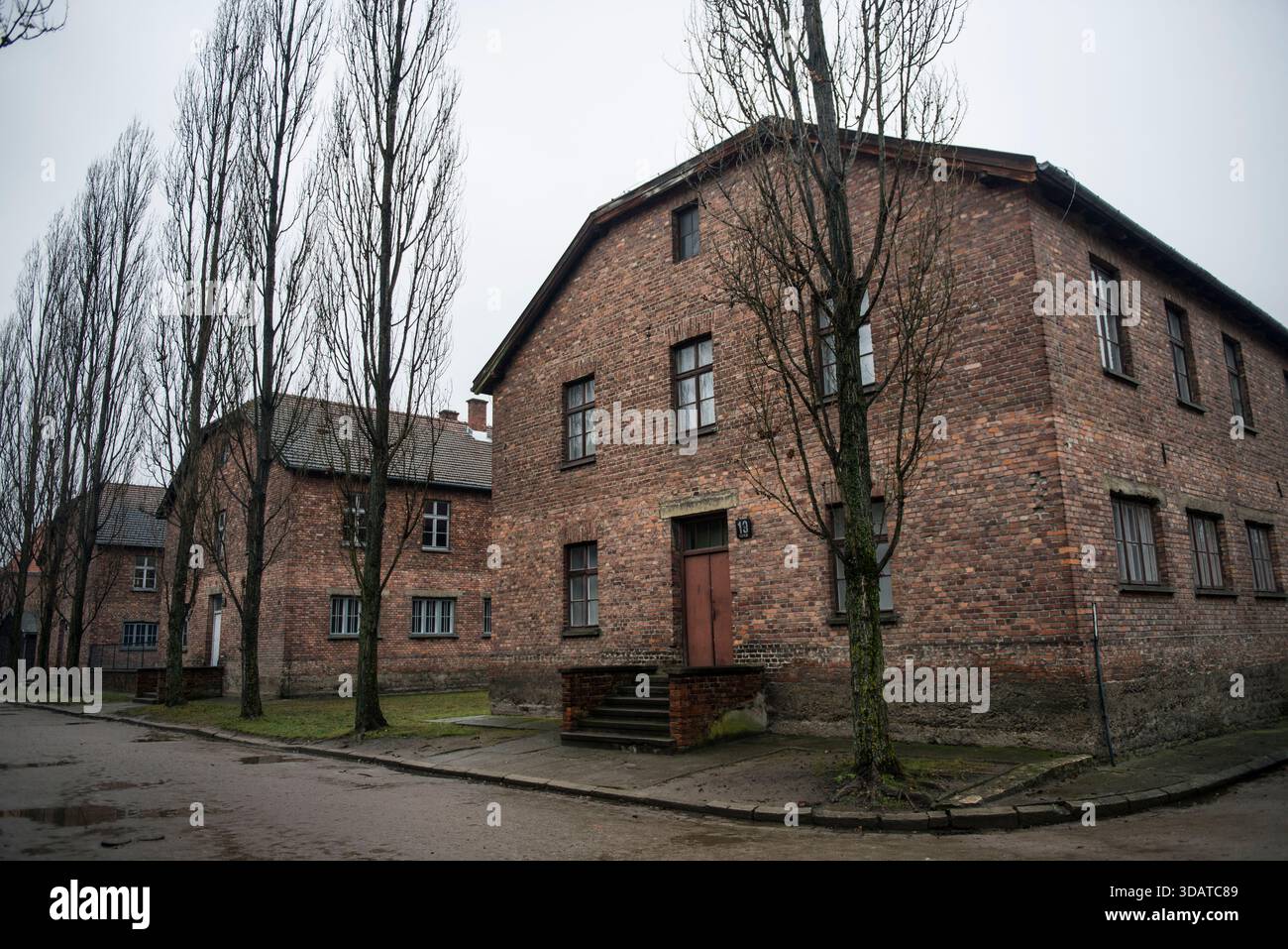 The barracks of prisoners and guard towers seen at the German Nazi ...