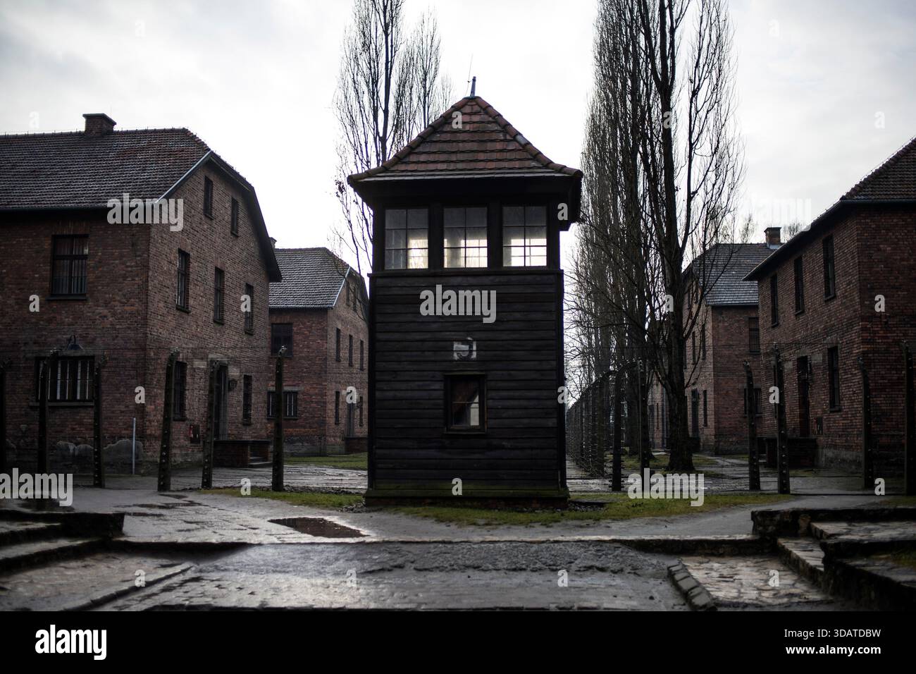 The barracks of prisoners and guard towers seen at the German Nazi ...