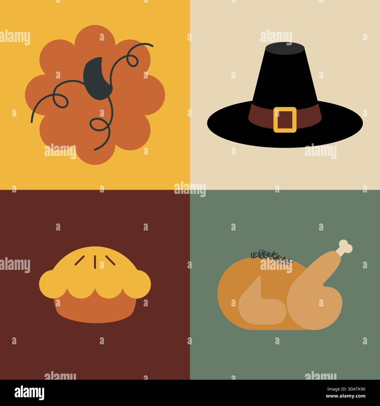 Thanksgiving icon set. Pumpkin, pilgrim hat, pie and turkey. Vector ...