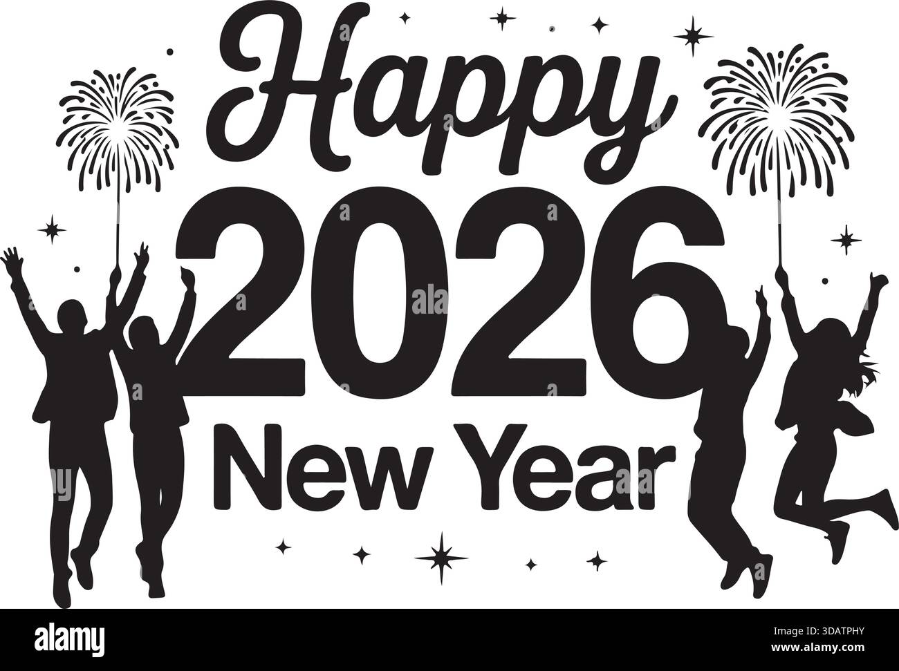 Happy New Year 2026 Celebration Silhouette with People and Fireworks ...
