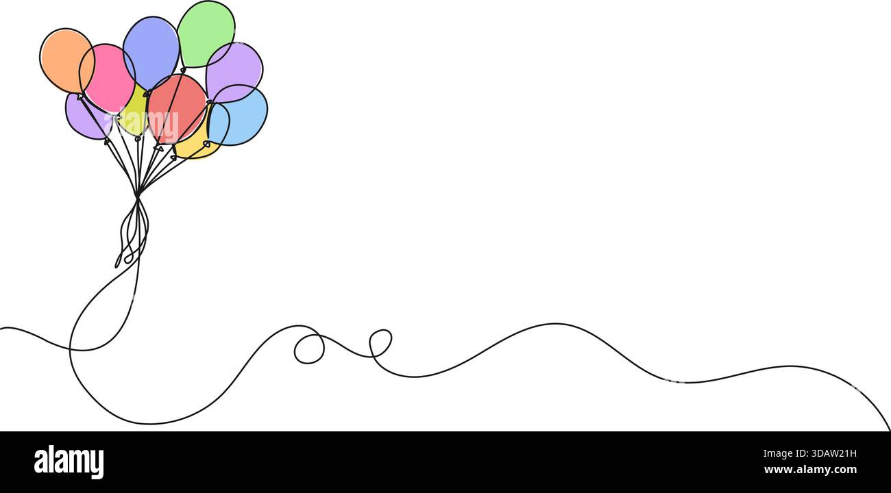 continuous line drawing of a bunch of colorful balloons tied together ...