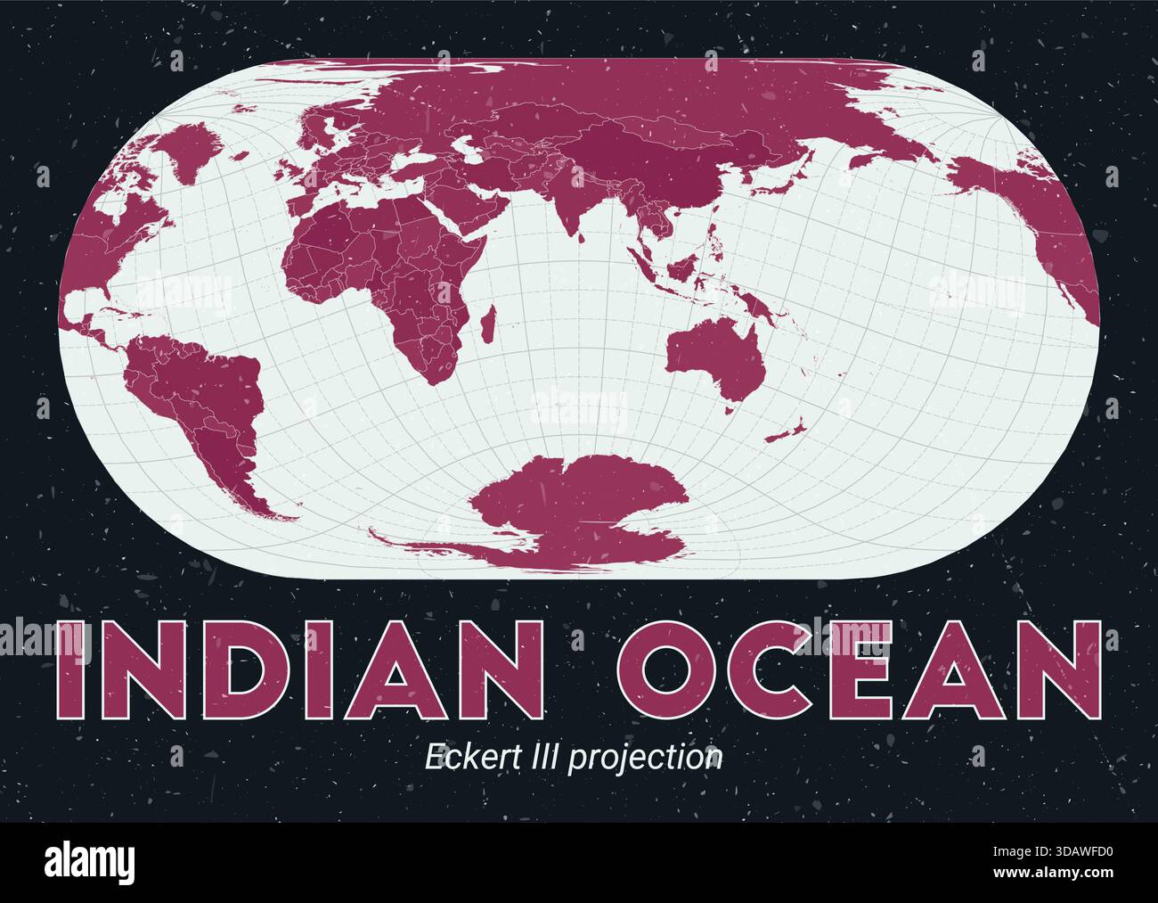 Indian Ocean. World map. Eckert III projection centered to Indian Ocean ...