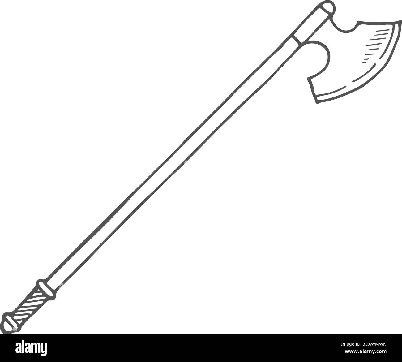 A black and white drawing of a long wooden pole with a curved blade at ...