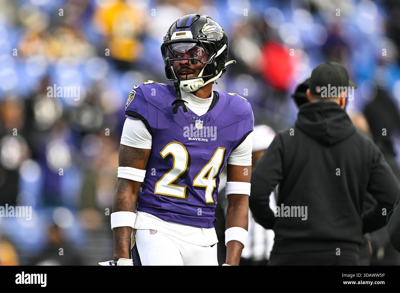 Baltimore Ravens safety Malaki Starks (24) looks on during pre-game ...