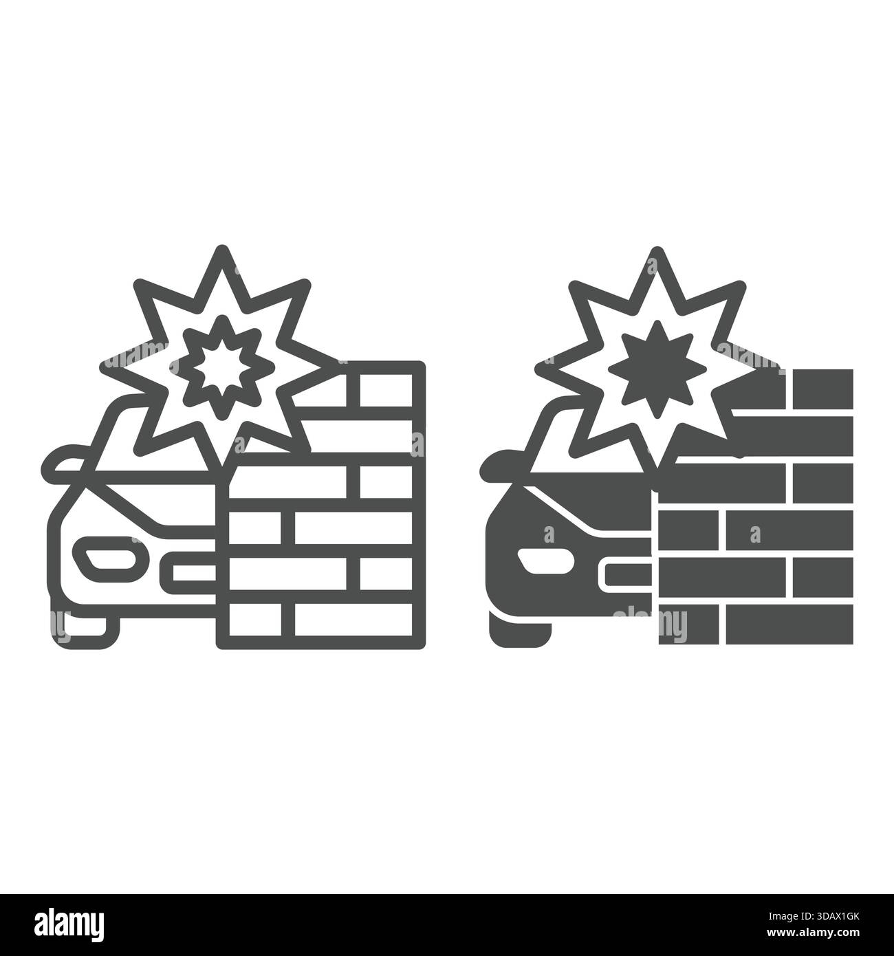 Car crashed into brick wall line and solid icon, life insurance concept ...