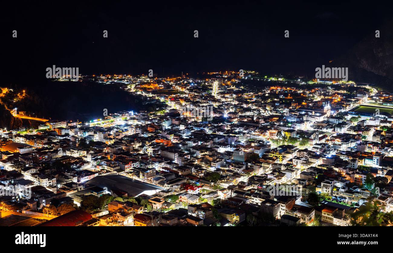 City lights of Banos de Agua Santa shine in the Andean valley at night ...