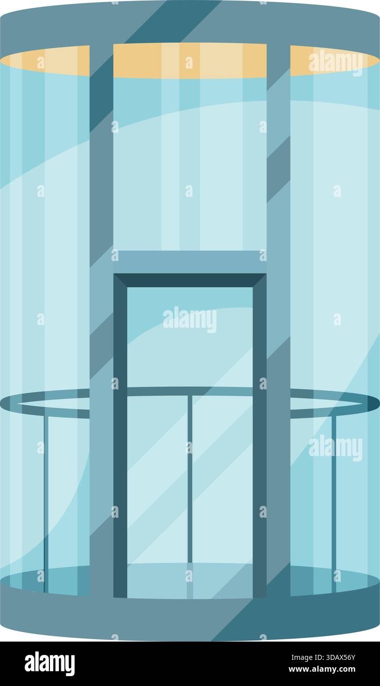 A glass elevator with a door. The elevator is tall and has a circular ...