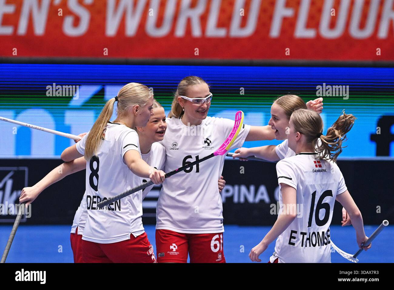 Denmark's players celebrate their goal in the Women's World Floorball ...