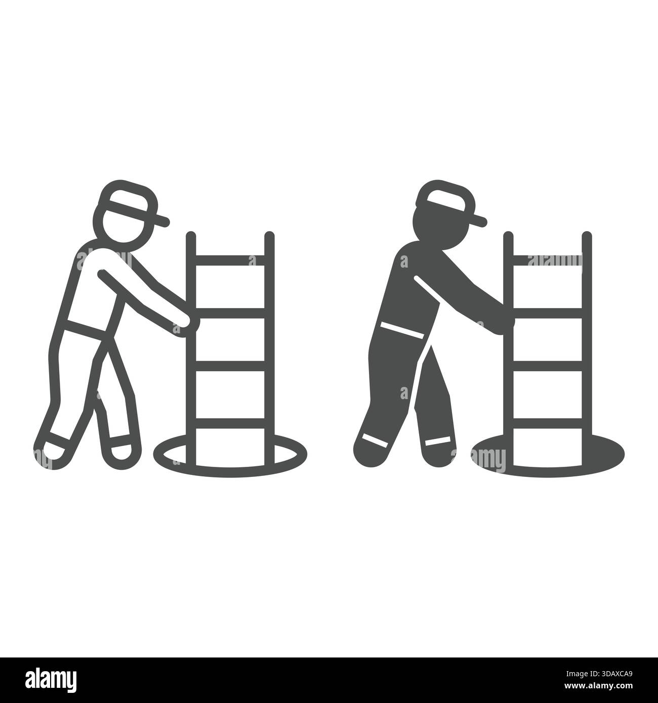 Rescuer man with hole ladder line and solid icon, human rescue concept ...