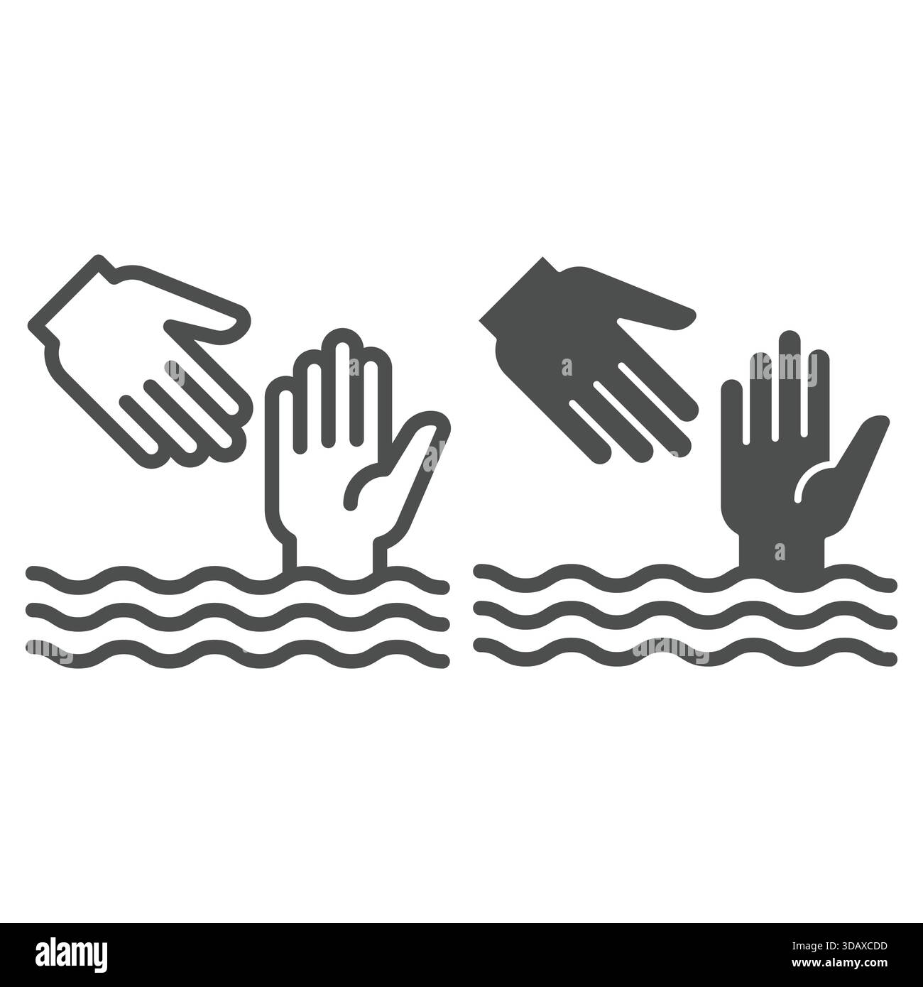 Rescuer hand help drowning man line and solid icon, human rescue ...