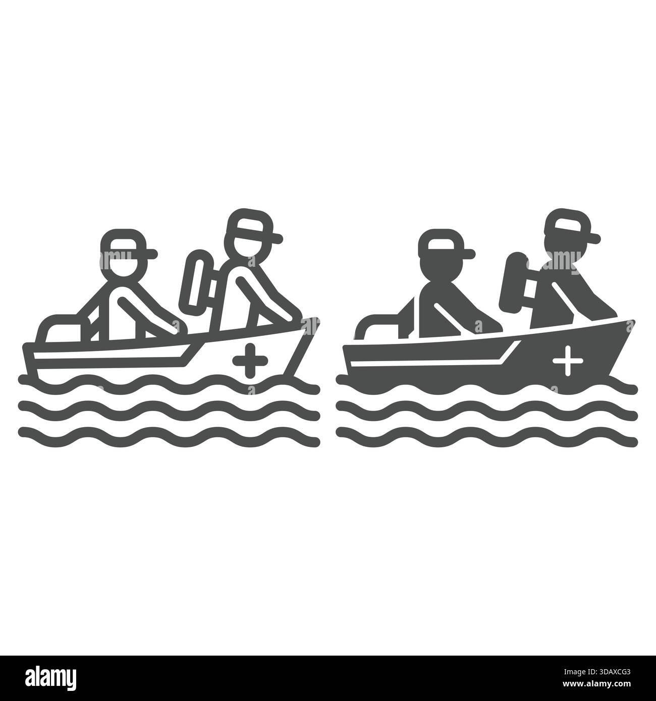 Motorboat with lifeguard team line and solid icon, human rescue concept ...