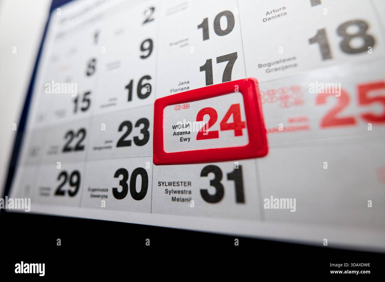 December calendar page highlighting Christmas Eve on December 24 with a ...