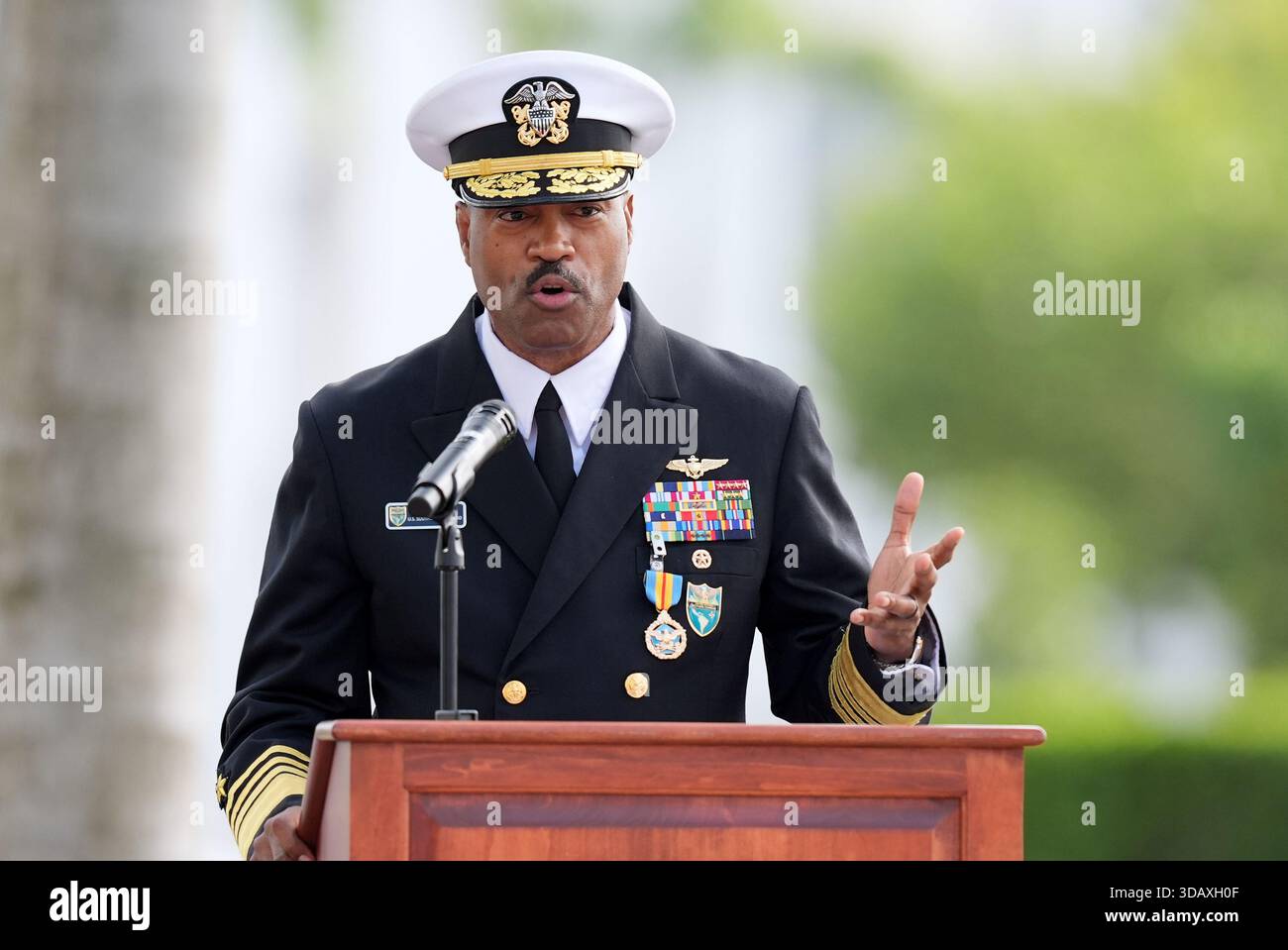 Navy Adm. Alvin Holsey speaks during his relinquishment of command and ...