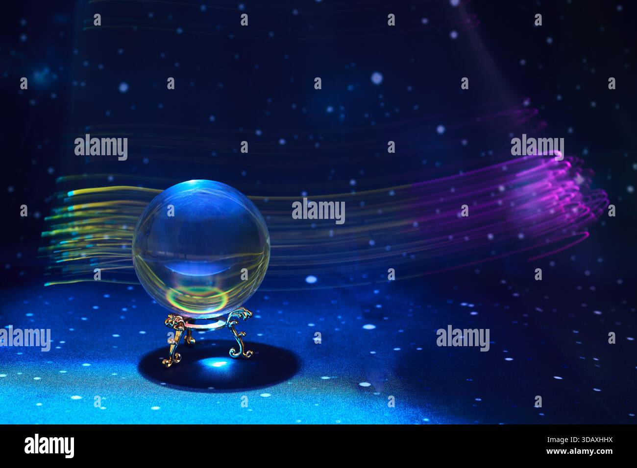 Magical Orb in Space. A glowing orb rests on an ornate stand ...