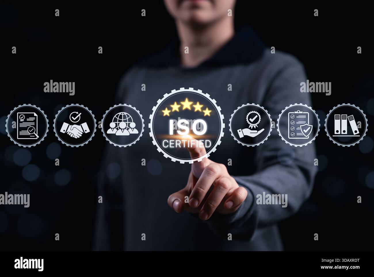 ISO Certification and quality management system concept. Businessperson pointing at ISO ...