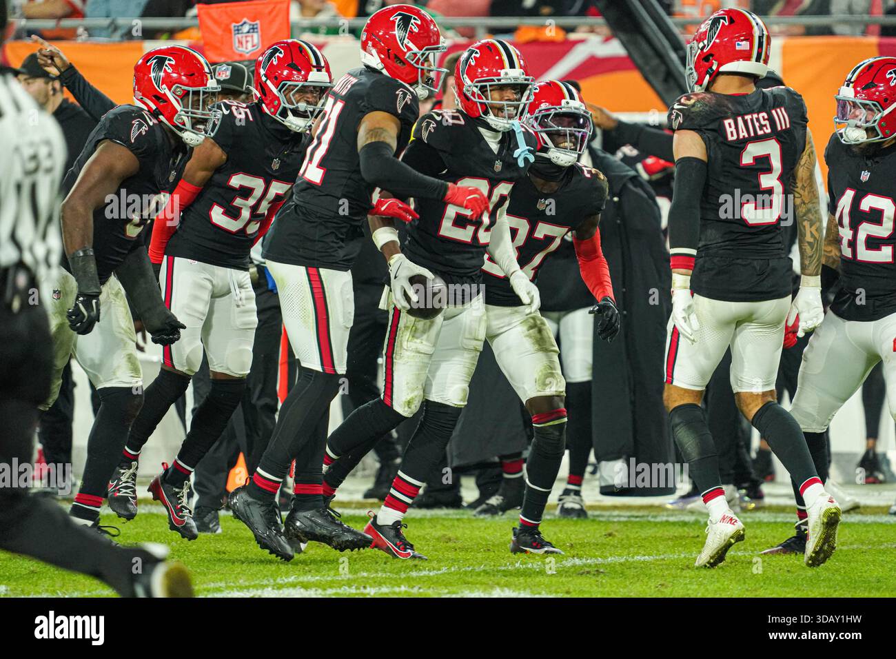 Tampa Bay, Florida, USA, December 11, 2025, Atlanta Falcons players celebrate a play at Raymond ...