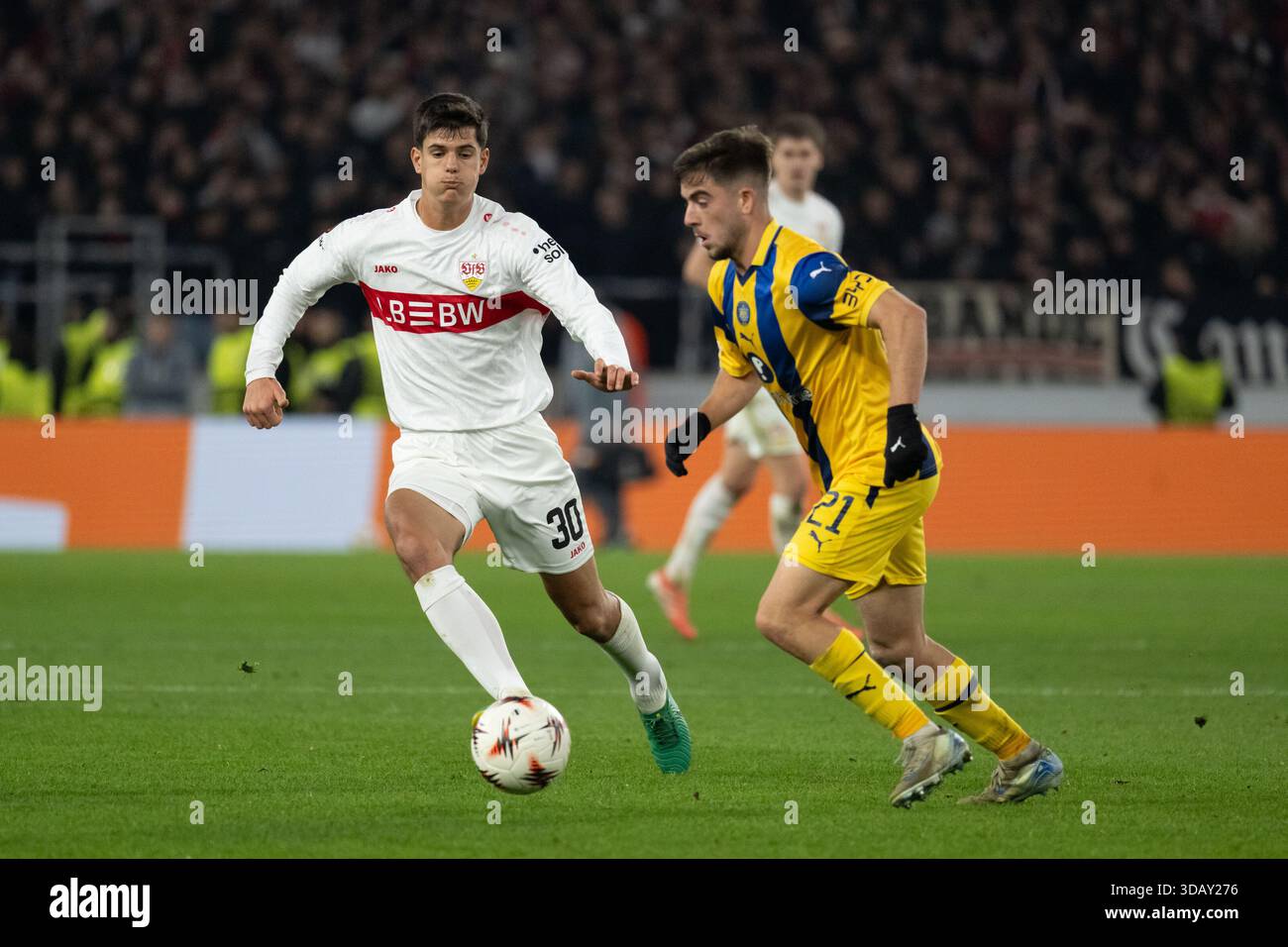 from left Chema Andreas (Stuttgart, #30), Noam Ben Harosh (Maccabi Tel ...