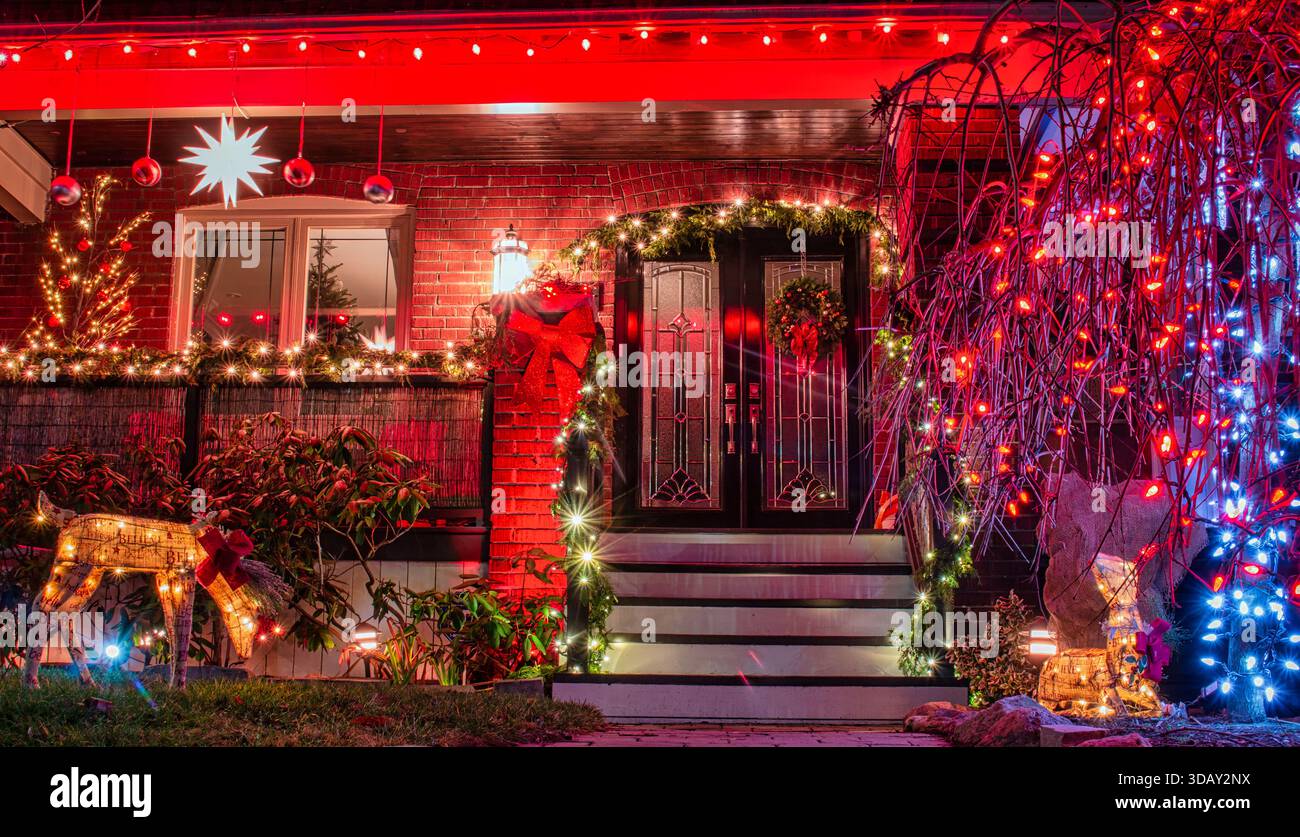 Christmas decorations and lights in front of a house in Toronto ...