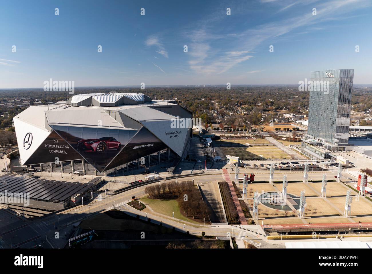 The Mercedes Benz stadium and Atlanta skyline is seen, Friday, Dec. 12 ...