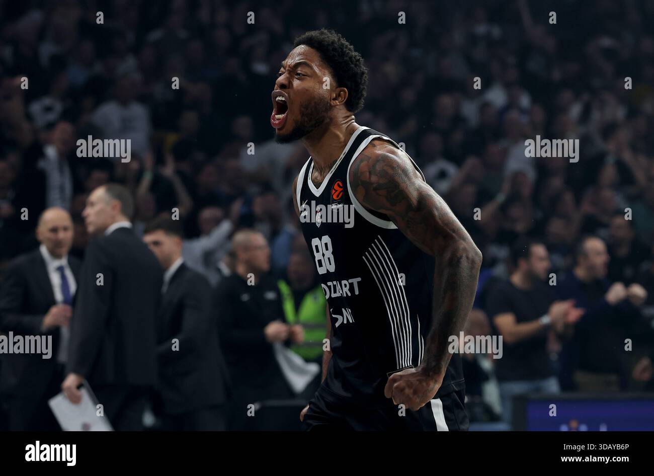 Belgrade, Serbia. 12th Dec, 2025. Partizan's Tyrique Jones celebrates ...