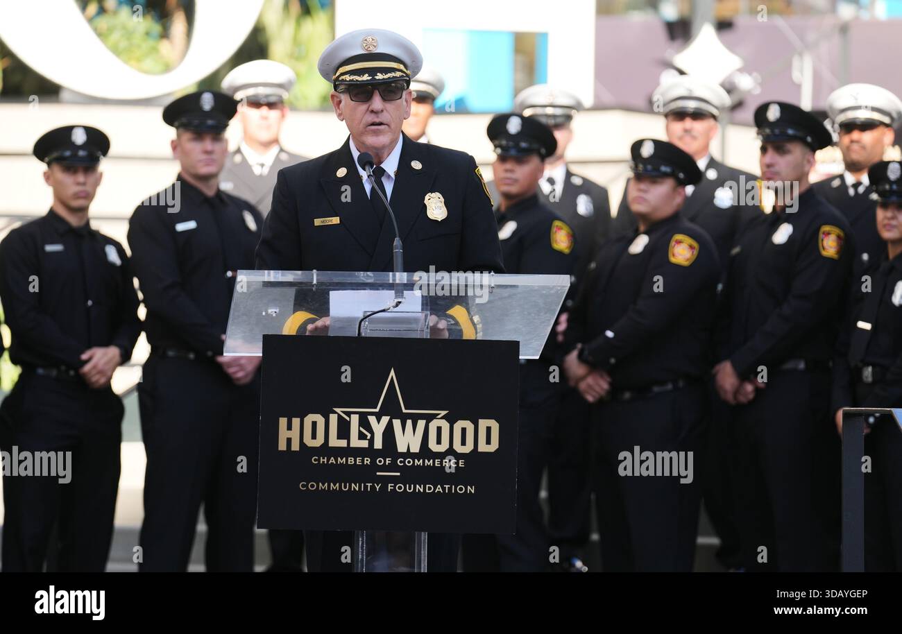 Los Angeles Fire Department Chief Jamie Moore speaks during a ceremony ...
