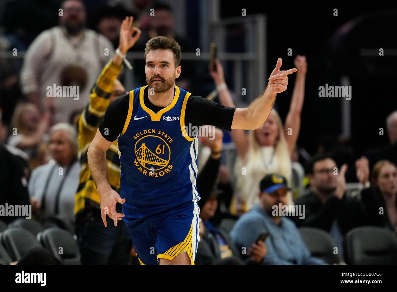 Golden State Warriors guard Pat Spencer (61) celebrates after making a ...