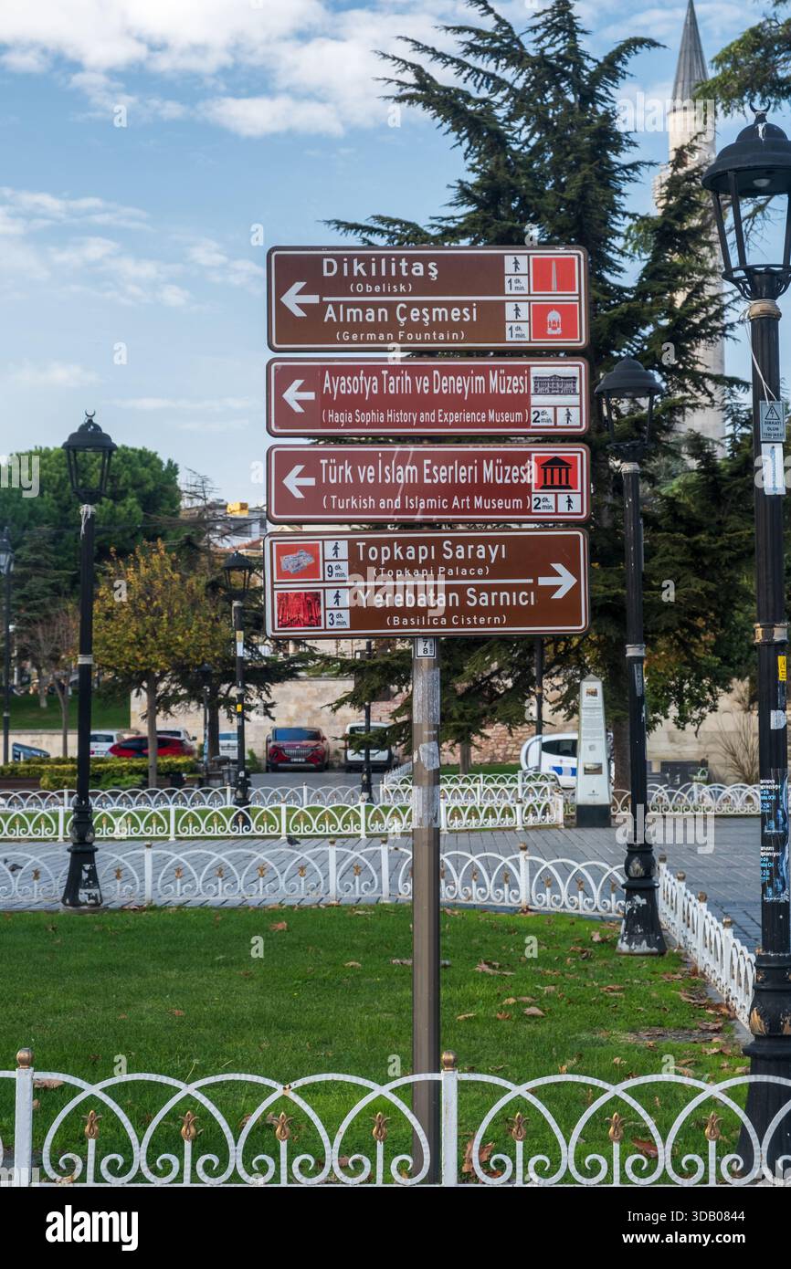 Tourist directional signs showing historic landmarks including Topkapi ...