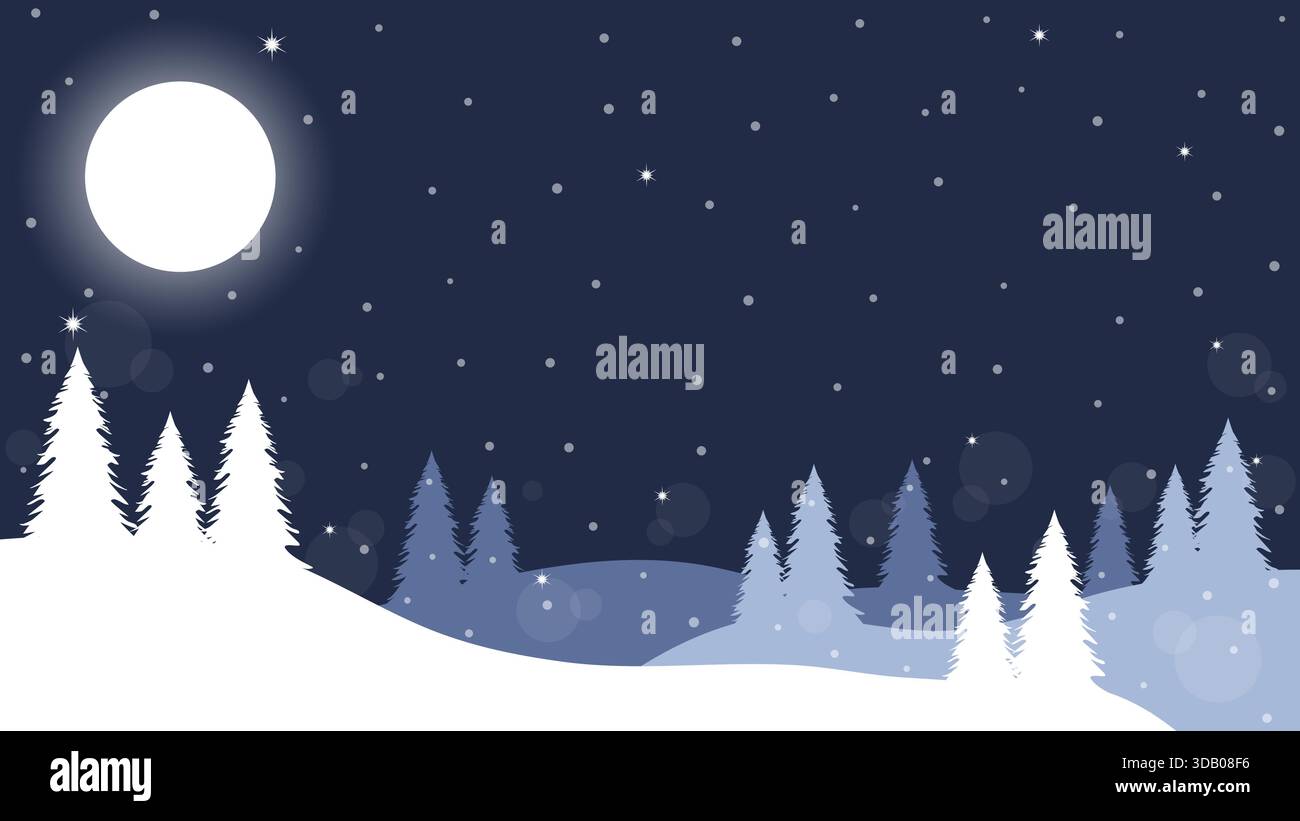 Silhouette Of Pine Trees And Snowfall On A Hill With A Full Moon Night ...