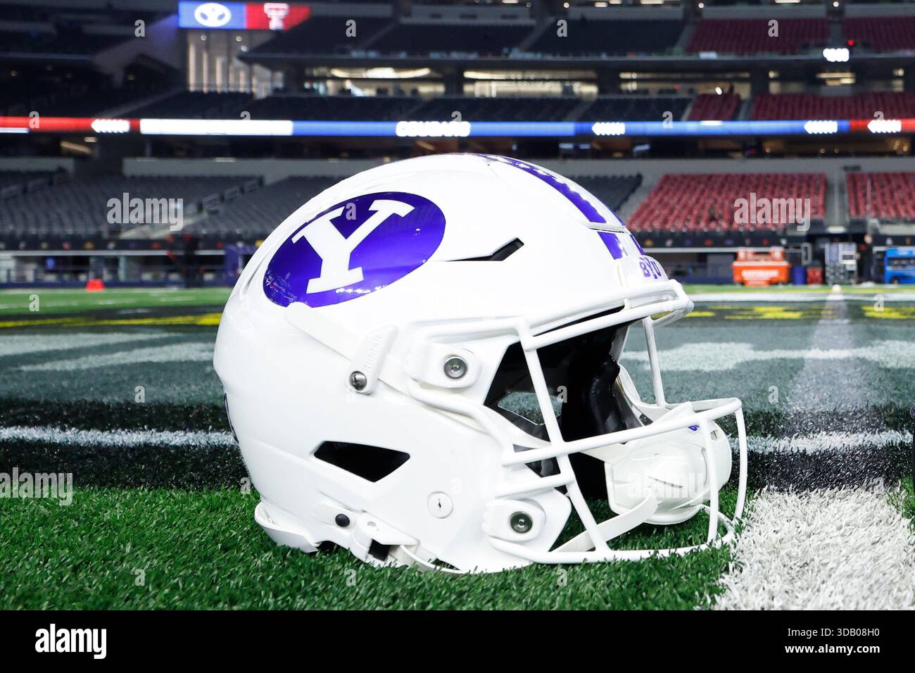 A BYU helmet is seen in closeup detail before the NCAA Big 12 ...