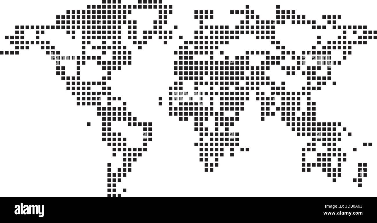 World map made of black square pixels on a white background ...
