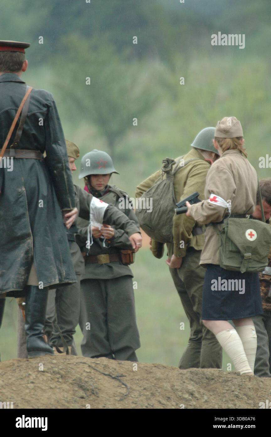 Soviet Red Army medic with wounded soldier during World War II ...
