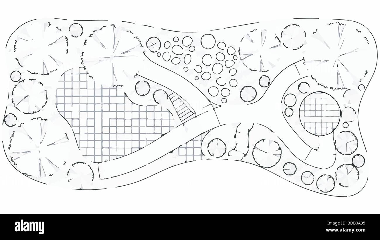 Top-down hand-drawn landscape design plan with trees, shrubs, paved ...