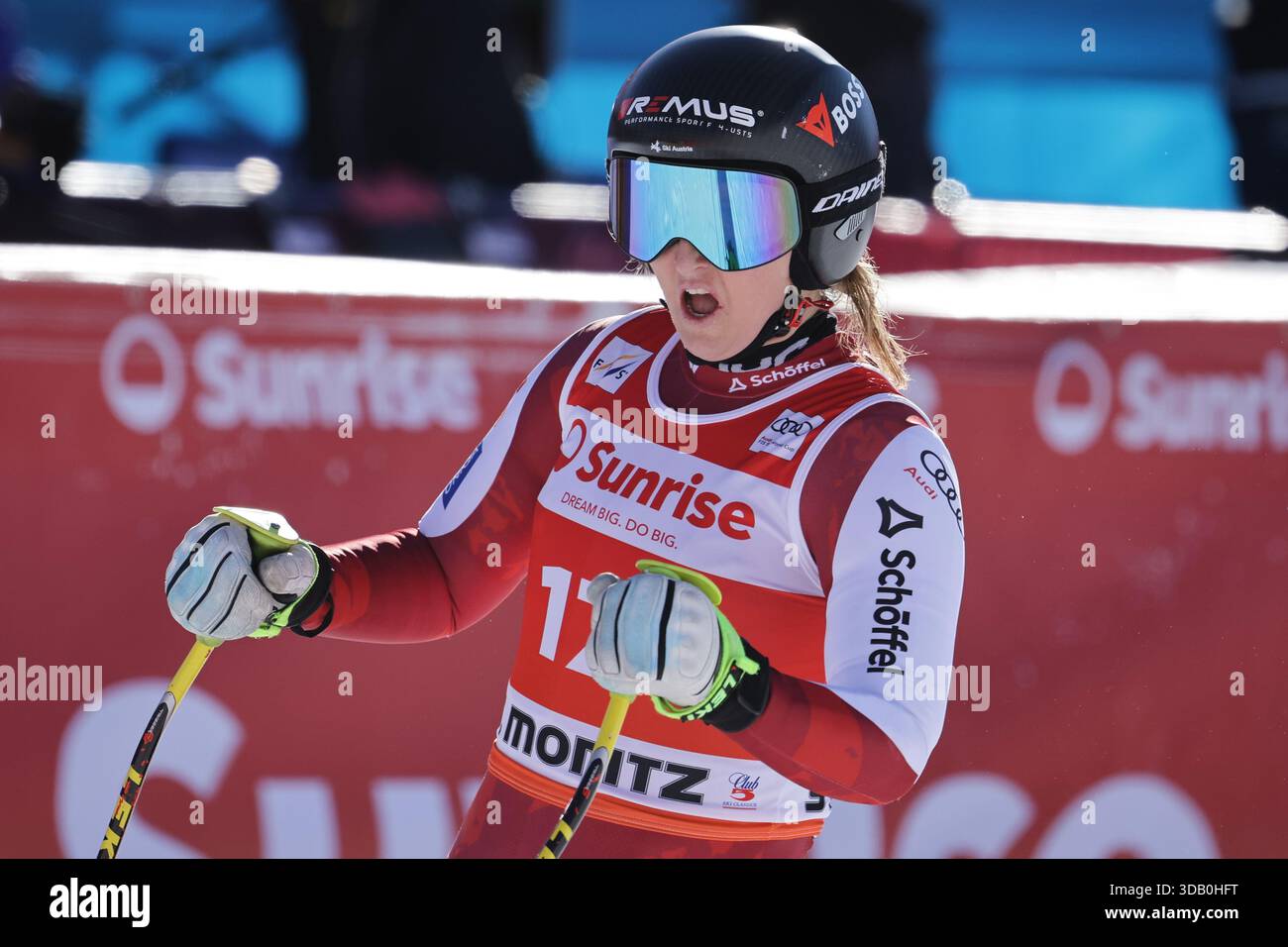 Austria's Nina Ortlieb reacts in the finish area after completing an ...