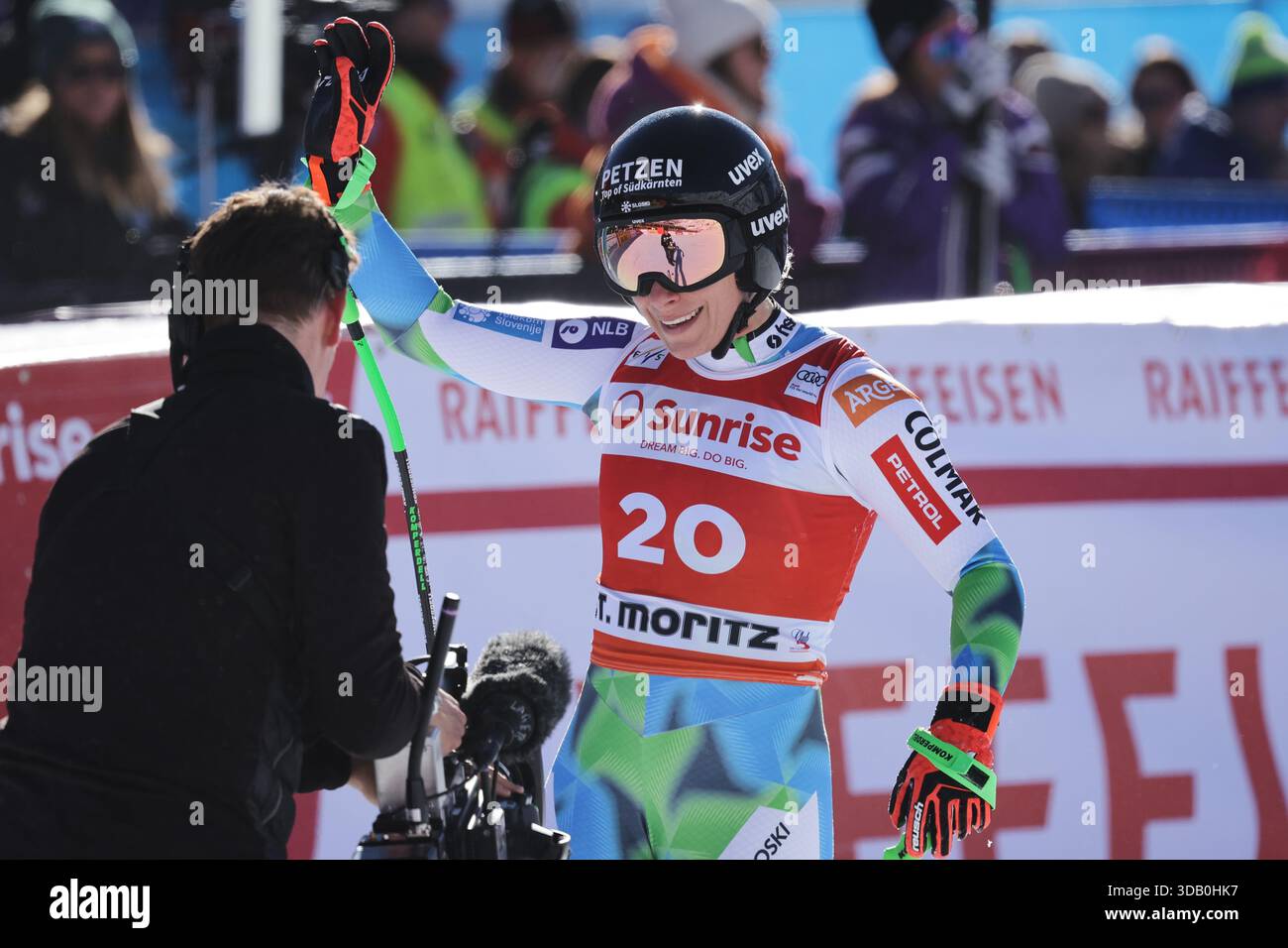 Slovenia's Ilka Stuhec reacts in the finish area after completing an ...