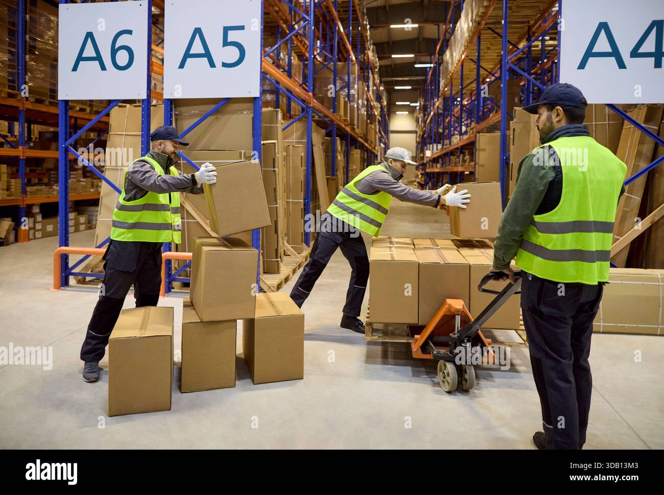 Warehouse workers loading boxes with pallet trolley among high shelving ...