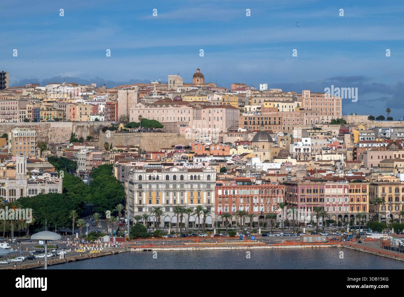 Shoreline of the Port of Cagliari in Sardinia, Italy from a cruise ship ...