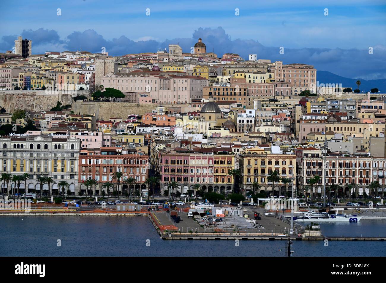 Shoreline of the Port of Cagliari in Sardinia, Italy from a cruise ship ...