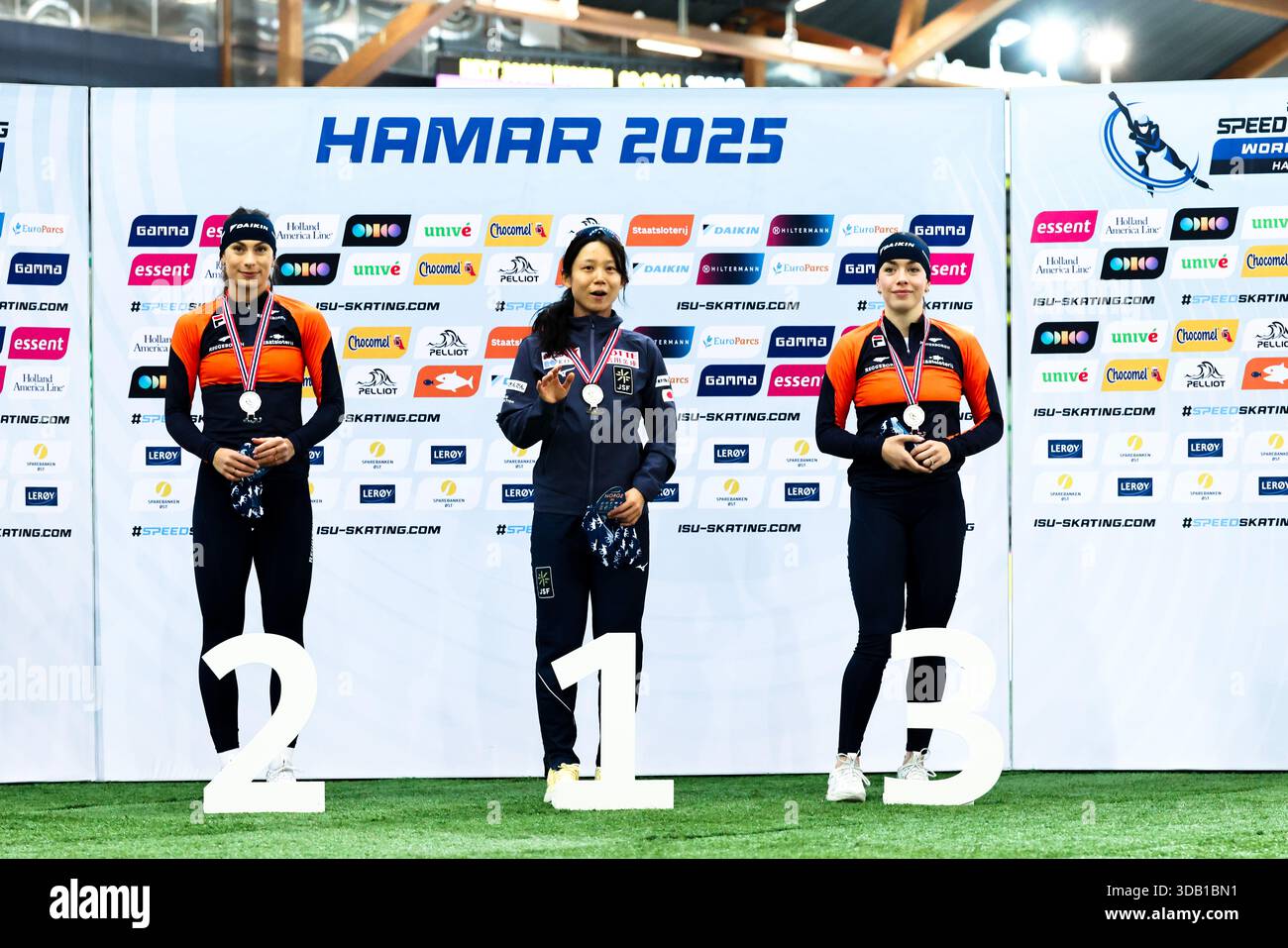 Hamar 20251213. The podium in the 1000 meters for women in the World ...